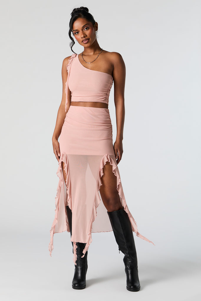 Mesh One Shoulder Ruffle Crop Top Charlotte Russe