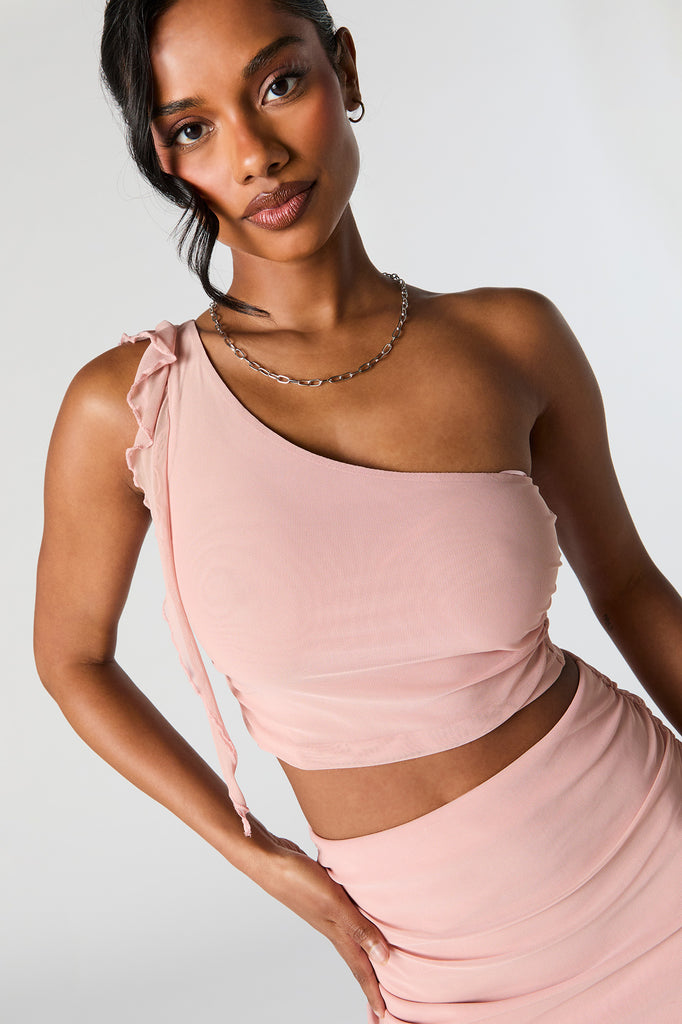 Mesh One Shoulder Ruffle Crop Top Charlotte Russe
